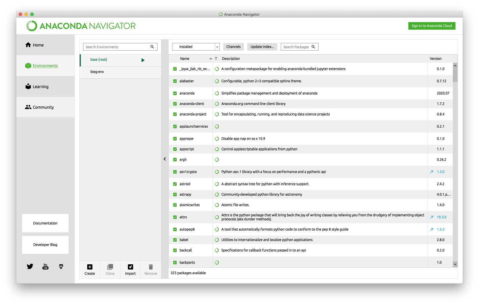 Anaconda Navigator Environments Tab